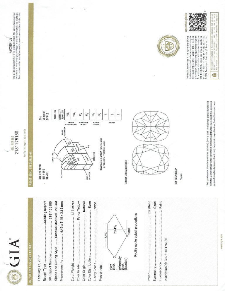 Platinum 1.13 Ct Fancy Yellow Cushion Cut Center Diamond Ring For Sale ...