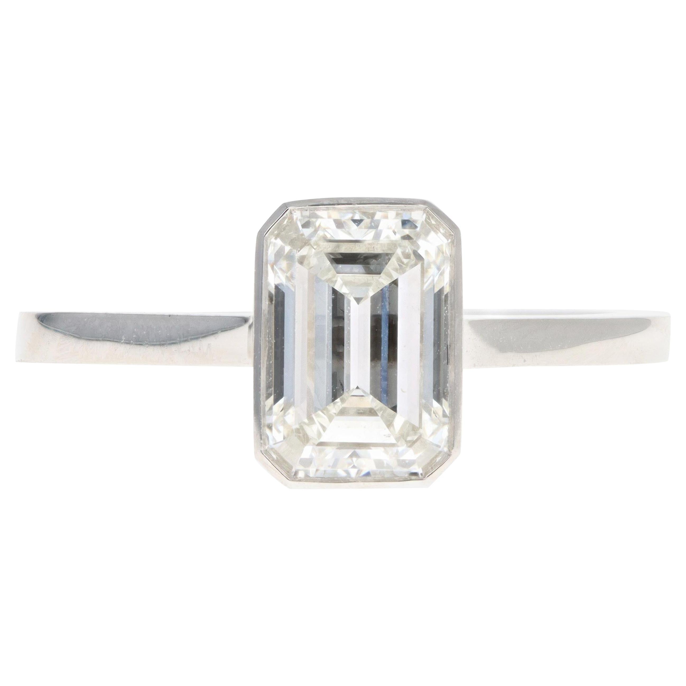 Platinum 1.37 Carat Emerald Cut Diamond Bezel Engagement Ring at 1stDibs