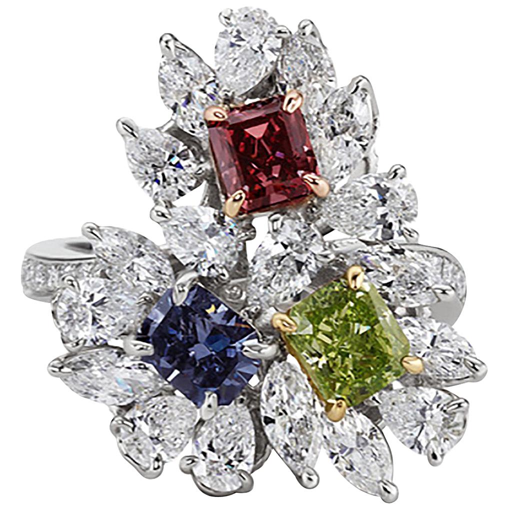 Exceptional GIA Fancy Color Diamond Flower Ring at 1stDibs