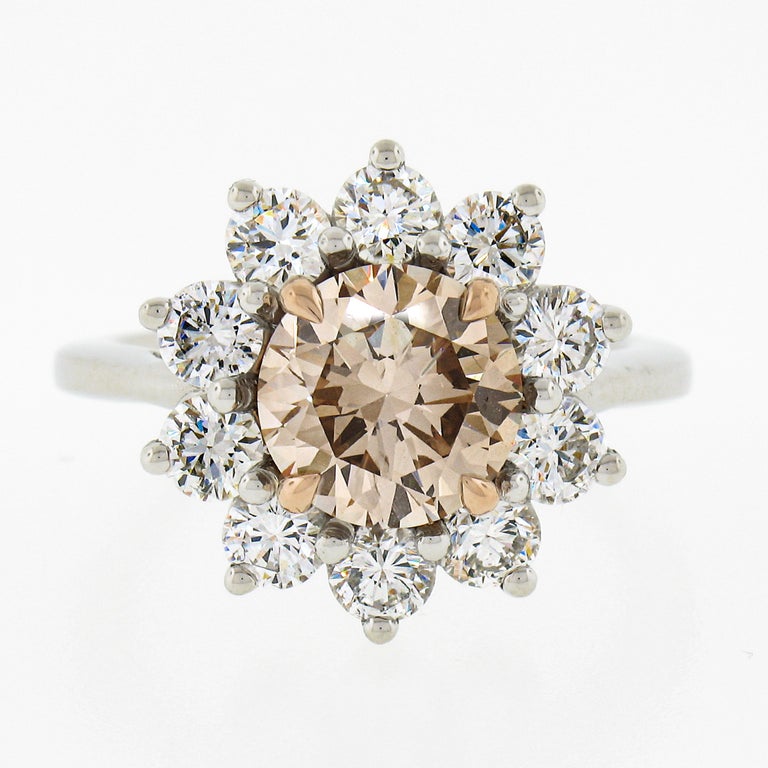 Platinum and 14k Gold Gia Fancy Light Brown Diamond Flower Halo ...
