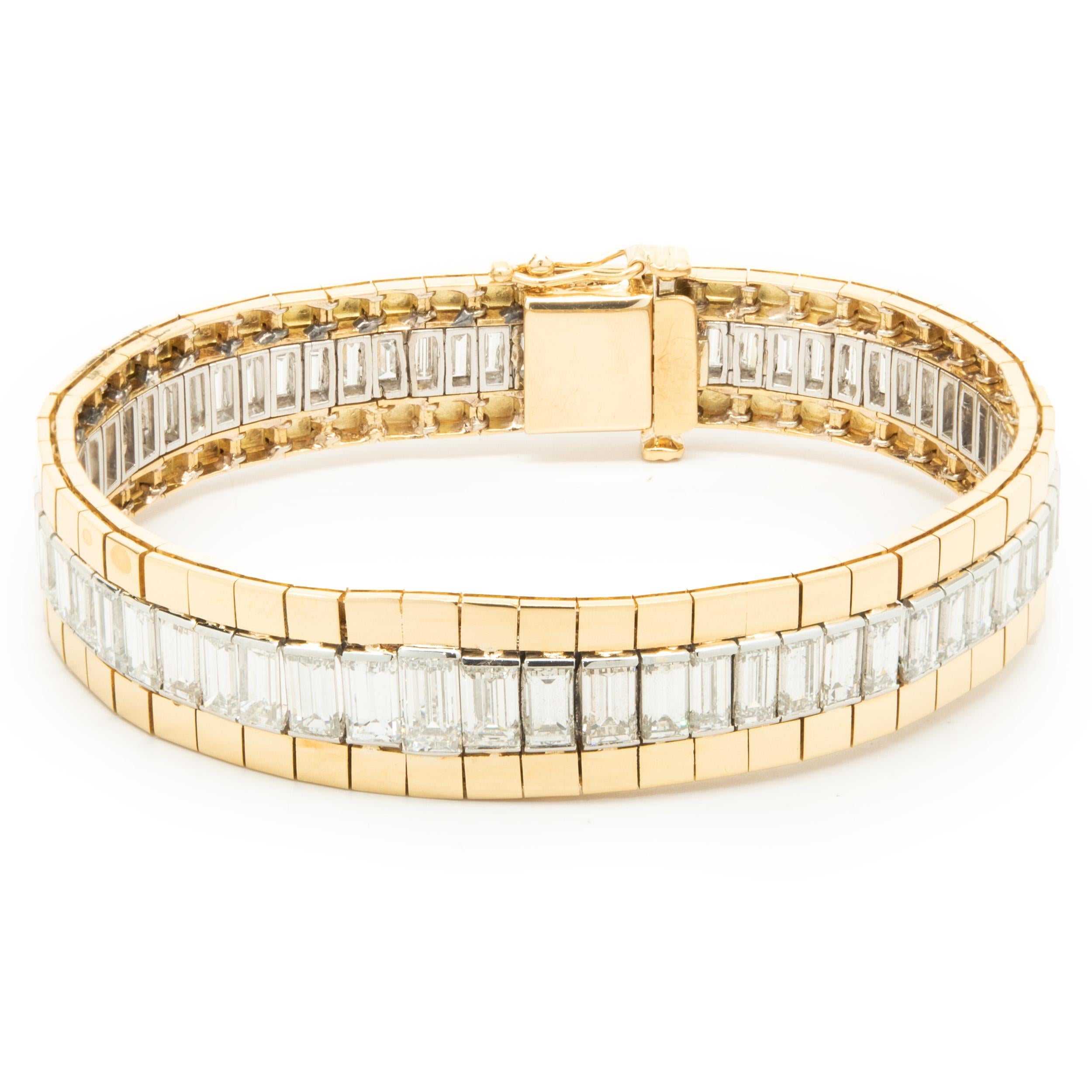 Platinum and 18 Karat Yellow Gold North-South Emerald Cut Diamond Tennis Bracelet For Sale at ...
