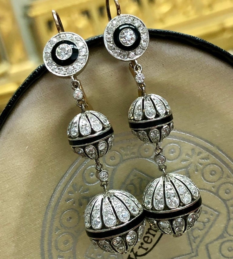 Platinum 18K Art Deco Enamel Diamond Ball Drop French Back Earrings For ...