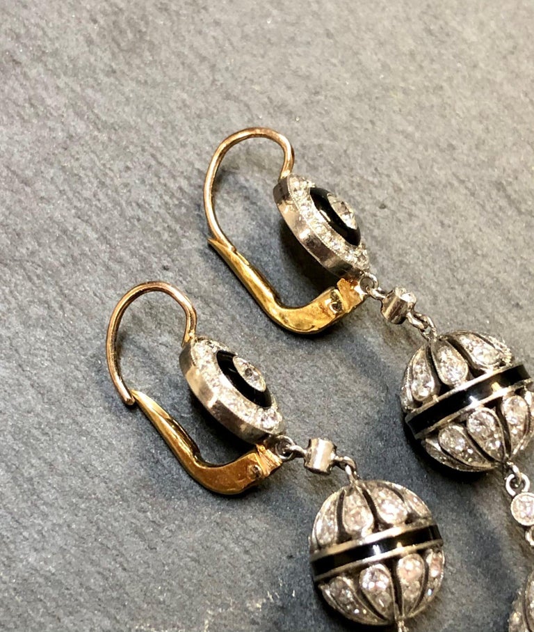Platinum 18K Art Deco Enamel Diamond Ball Drop French Back Earrings For ...