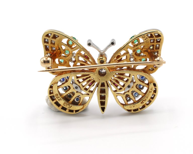 Platinum and 18 Karat Diamond and Gemstone Butterfly Brooch Pin at 1stDibs