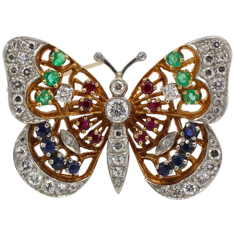 Platinum and 18 Karat Diamond and Gemstone Butterfly Brooch Pin at 1stDibs