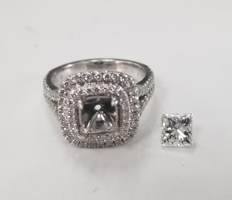 Platinum 2-Row Diamond Pavé Halo with a .72pts Princess Cut Diamond For ...