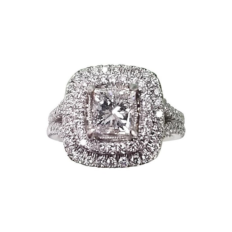 Platinum 2-Row Diamond Pavé Halo with a .72pts Princess Cut Diamond For ...