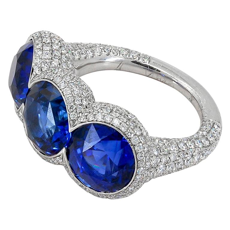 Contemporary Diamond Sapphire Platinum Three Stone Ring For Sale at ...