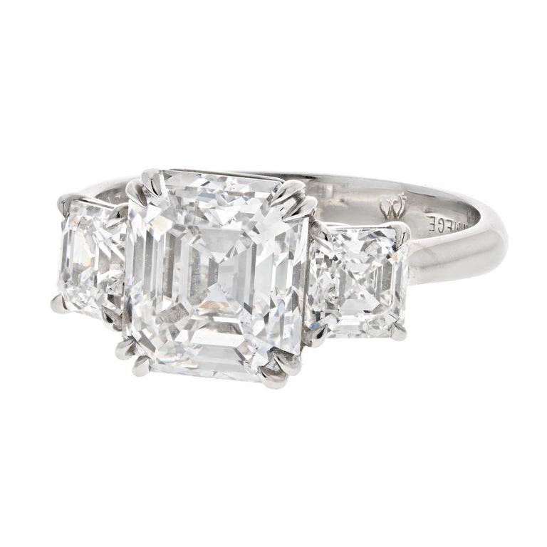 Platinum 3.44 Carat D/VVS2 Three Stone Emerald Cut Diamond Engagement ...