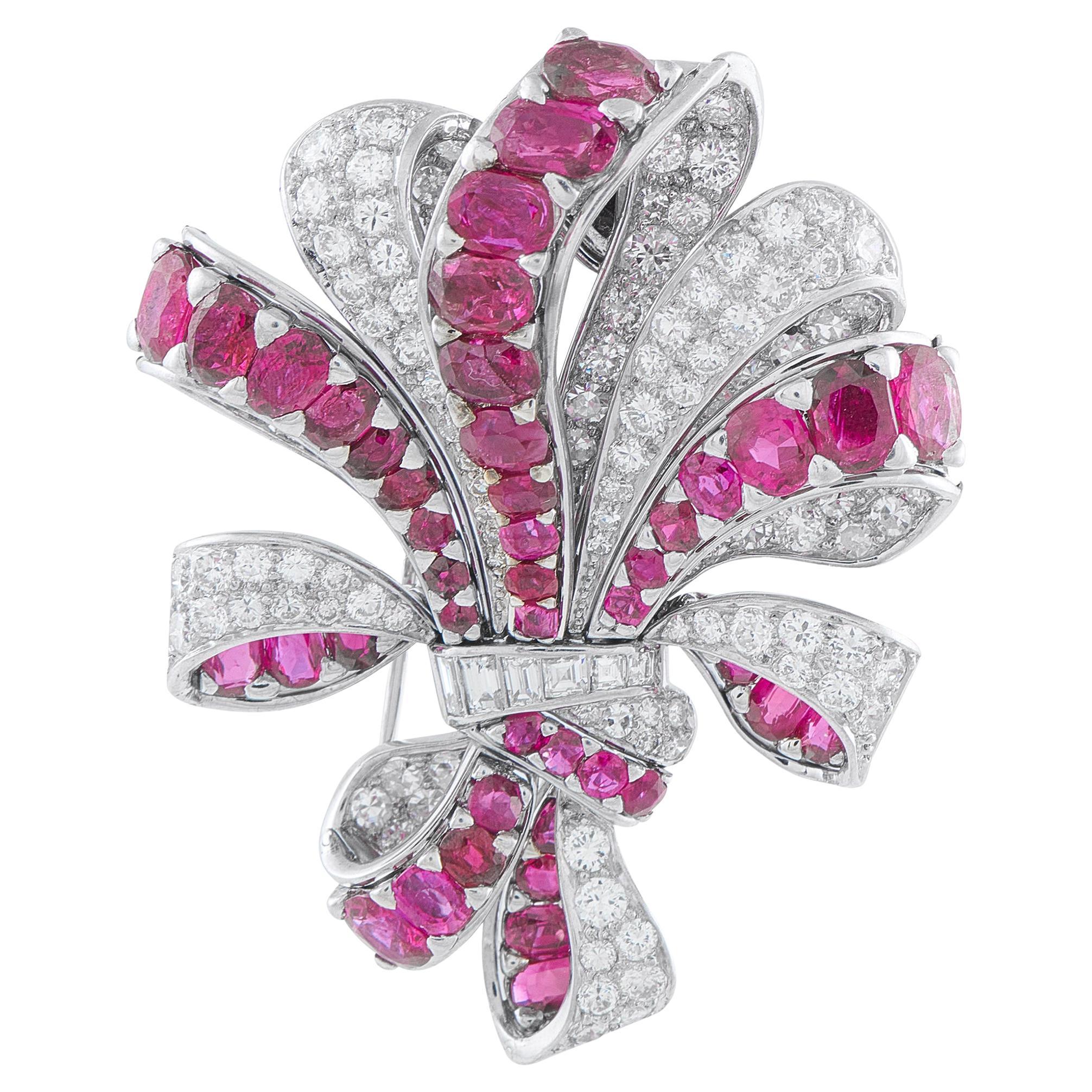 18KT White Gold Ruby and Diamond Bow Brooch, Circa 1950, 2.4 in For ...