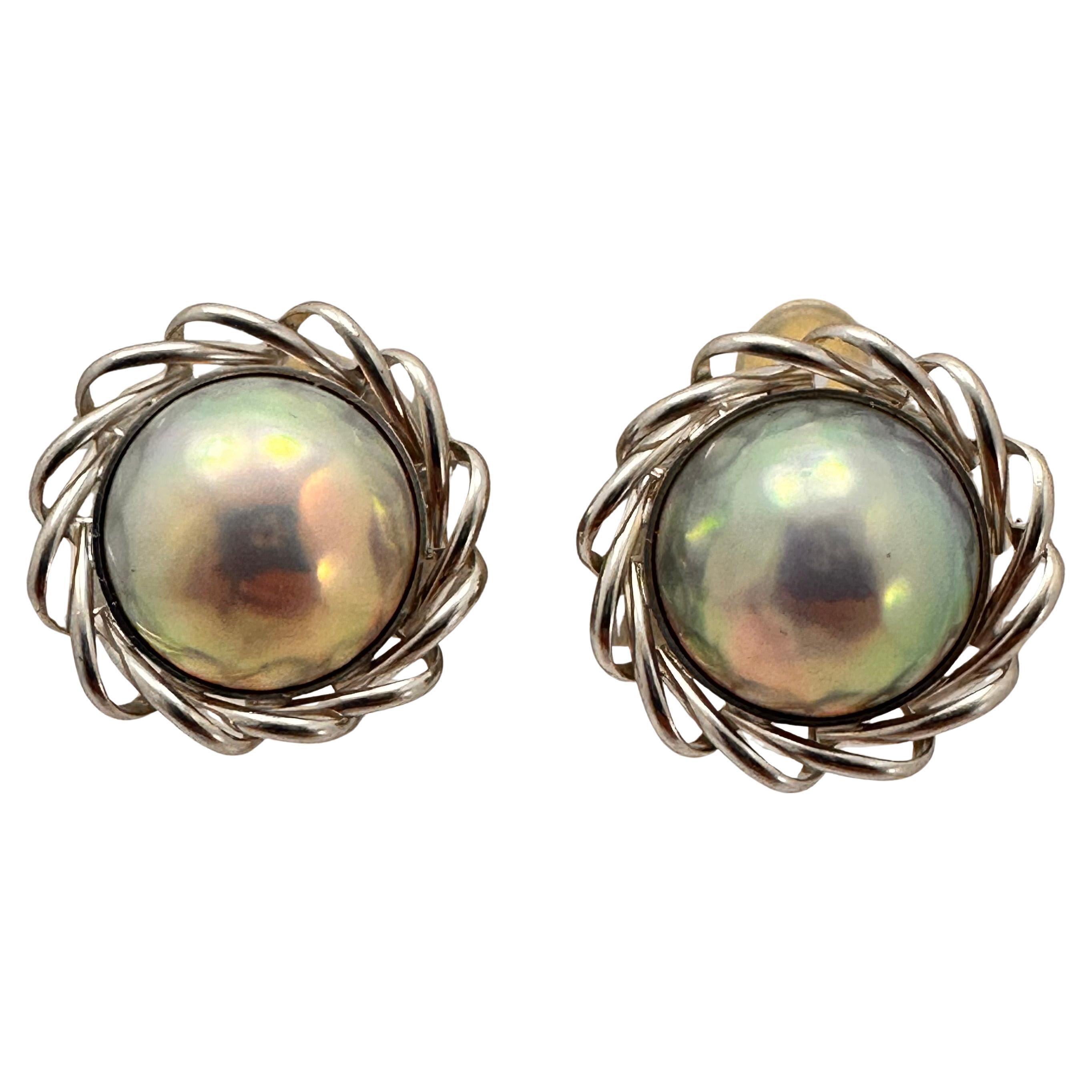 Platinum 900 23mm Round Lustrous Mabe Pearl Clip On Earrings For Sale ...