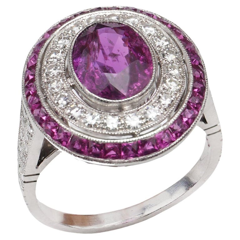 Platinum 950. Art Deco-Inspired 3.20 Cts. Oval Ruby and 1.50 Cts ...