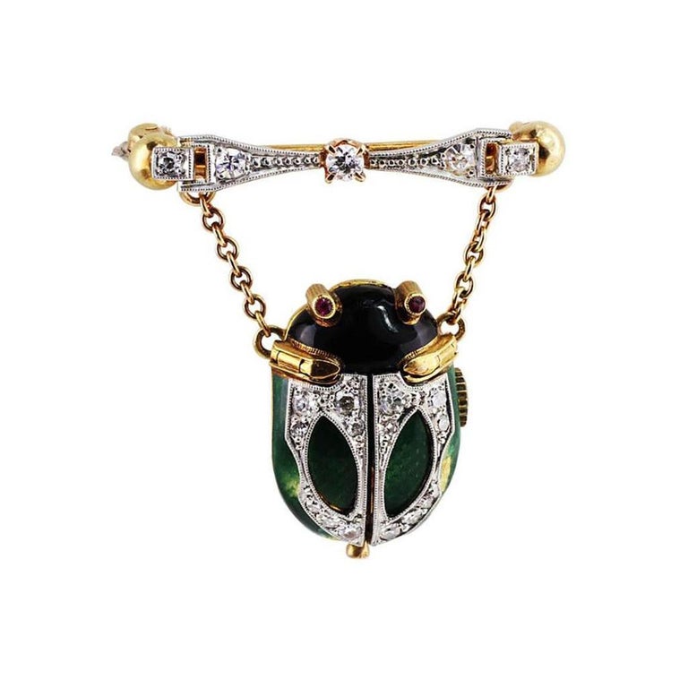 Platinum and 18 Karat Yellow Gold Enamel Beetle Pendant Clock For Sale ...
