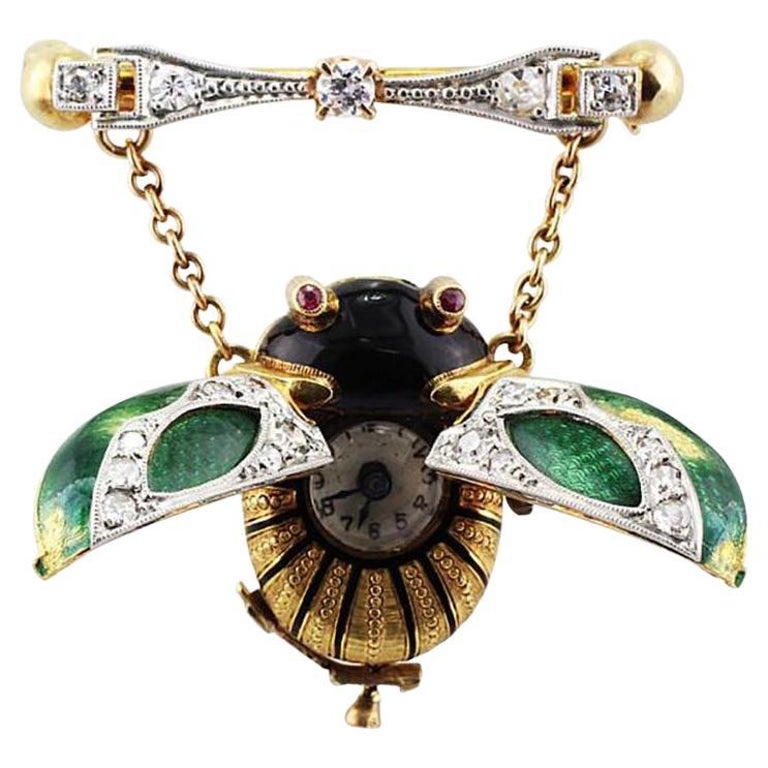 Platinum and 18 Karat Yellow Gold Enamel Beetle Pendant Clock For Sale ...