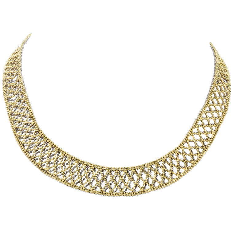 Platinum and 18 Karat Yellow Gold Open Lattice Bead Work Necklace For ...