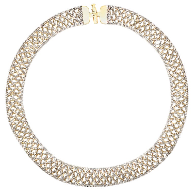 Platinum and 18 Karat Yellow Gold Open Lattice Bead Work Necklace For ...