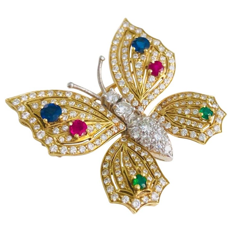 Platinum and Gold Diamond Sapphire Ruby and Emerald Butterfly Brooch ...