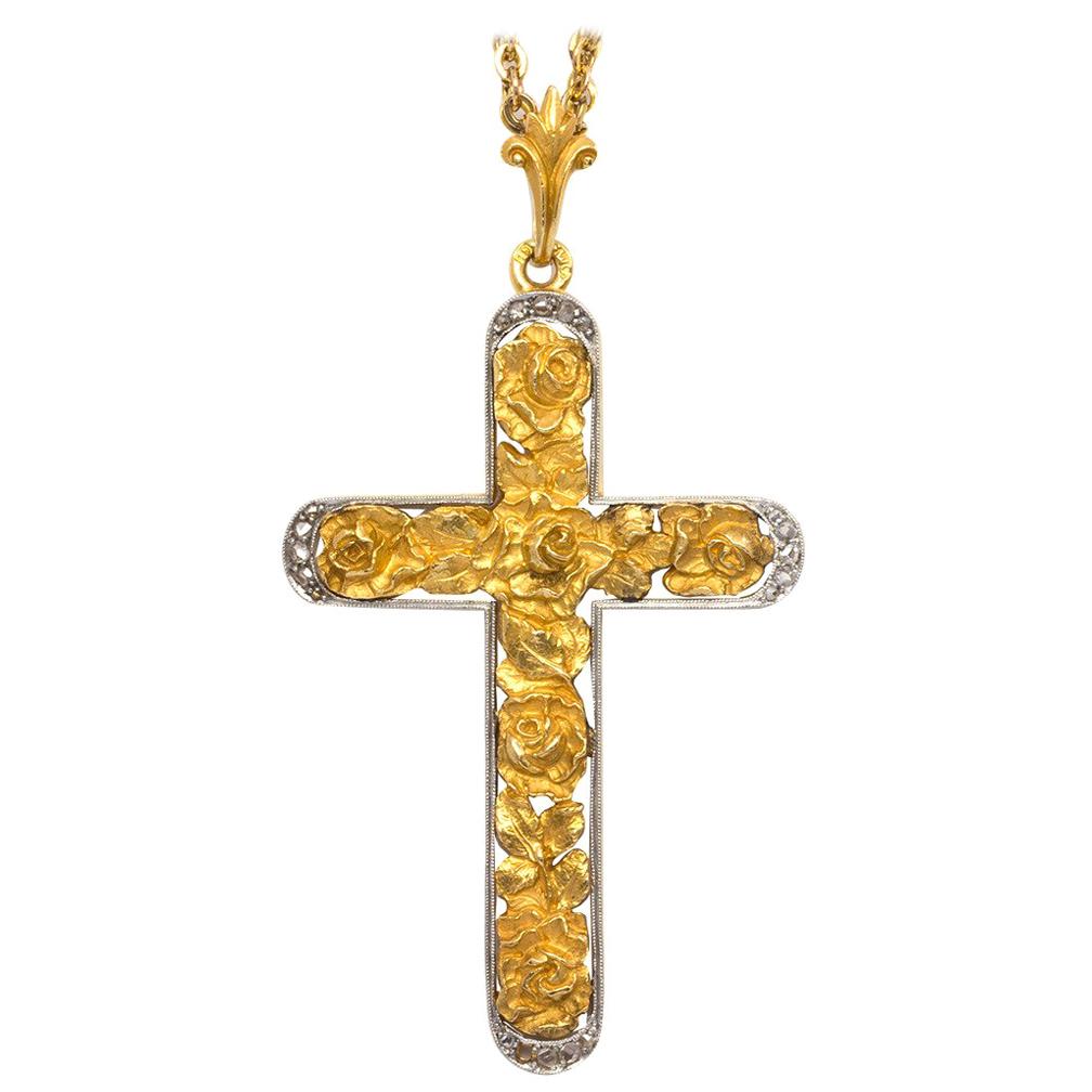Platinum and Gold Rose Cross with Rose Cut Diamonds For Sale at 1stDibs