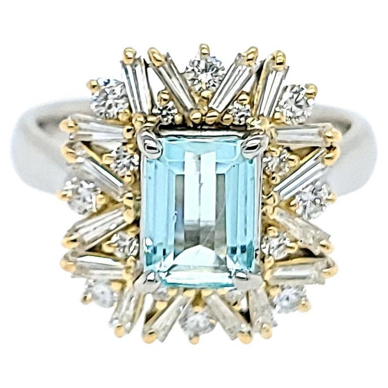 Platinum and Yellow Gold Diamond Spray Ring Featuring Aquamarine Center ...