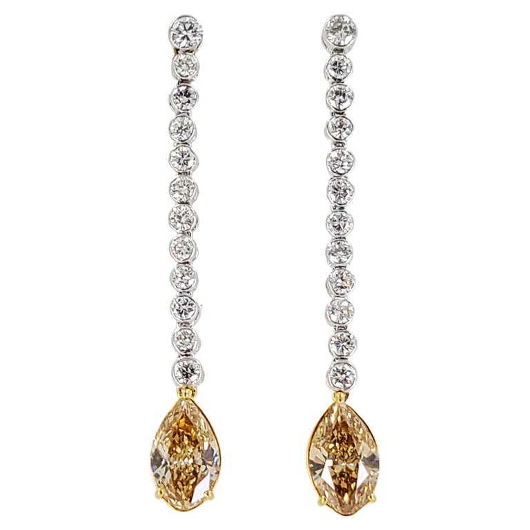 Platinum and Yellow Gold Natural Colored Diamond Drop Earrings For Sale ...