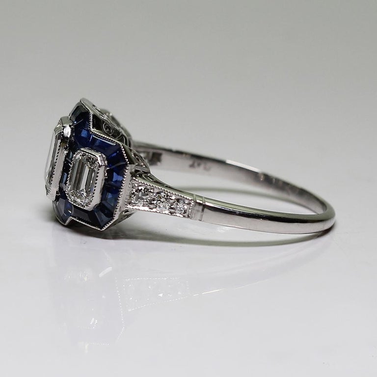 Platinum Art Deco Emerald Cut Diamond and Sapphire Ring Vintage Estate ...