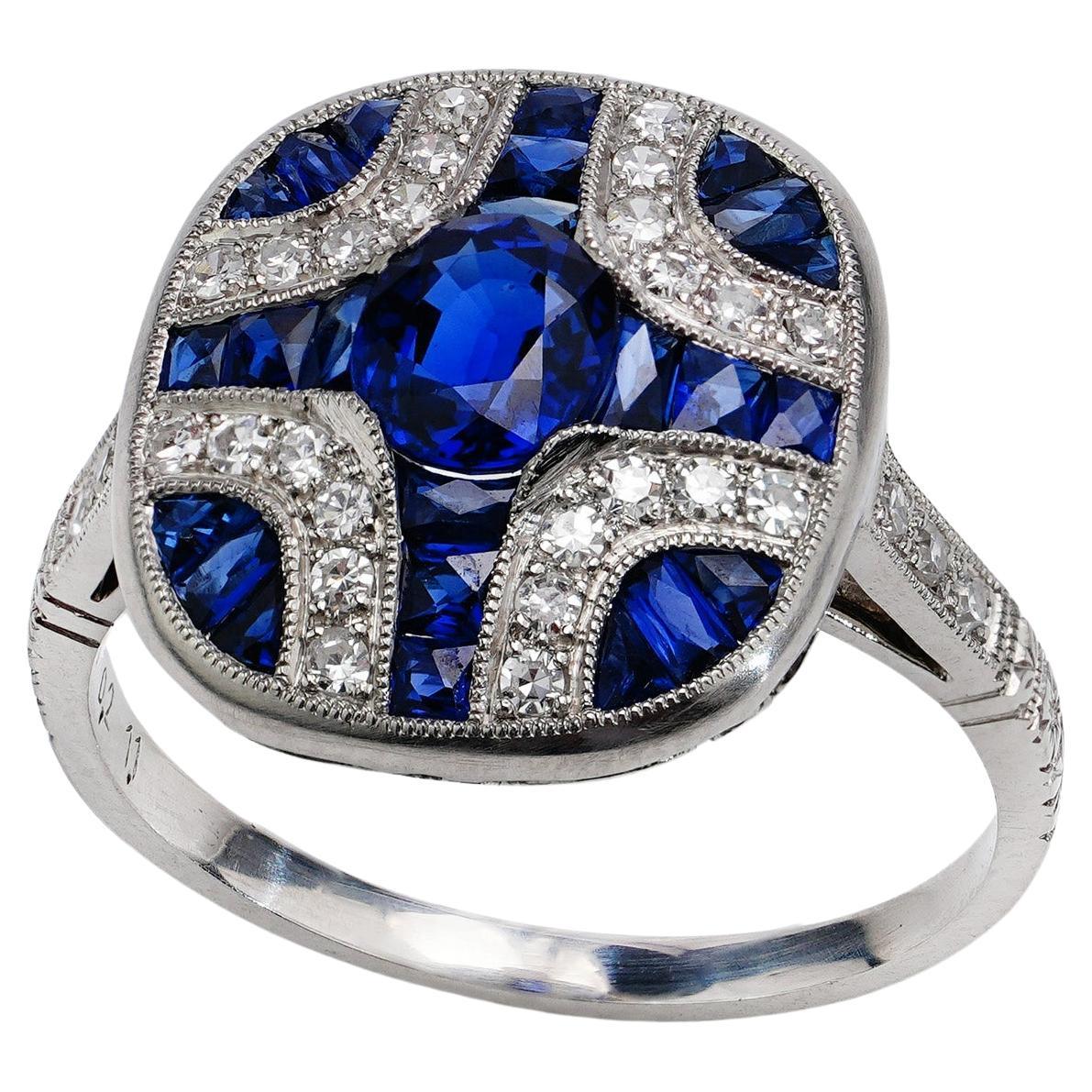 Art Deco Antique Diamond Blue Sapphire Platinum Engagement Ring at ...