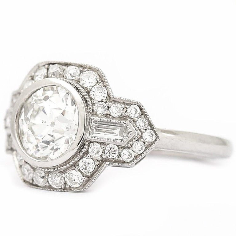 Platinum Round Old Mine Cut Diamond 1.19 Carat Cluster Engagement Ring ...
