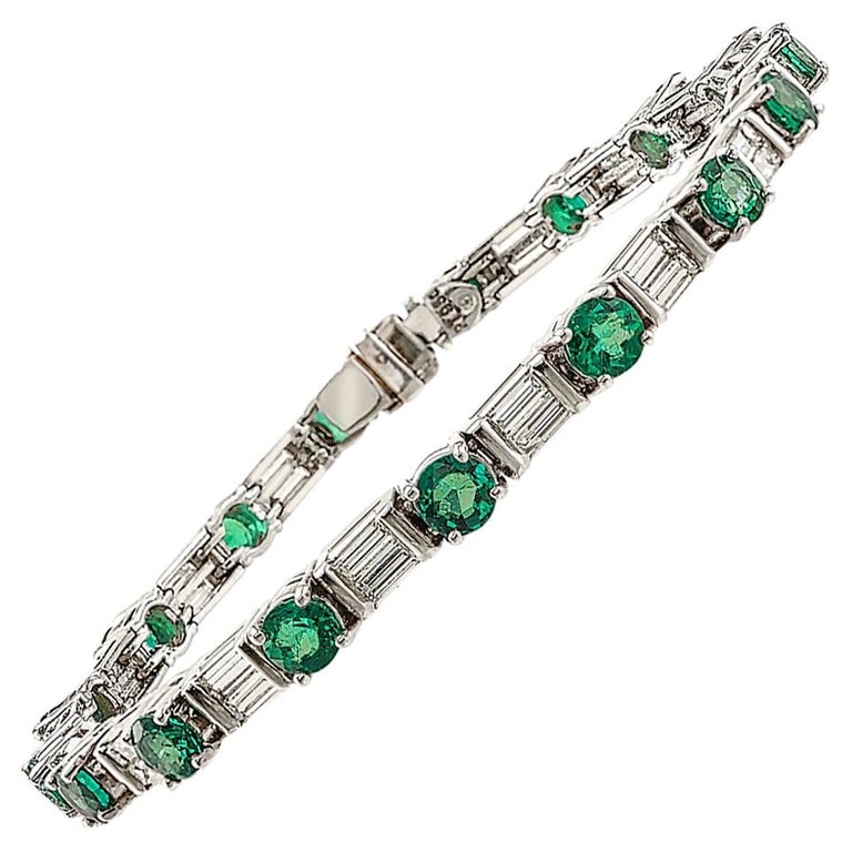Platinum Baguette Diamond and Fine Emerald Line Bracelet For Sale at ...