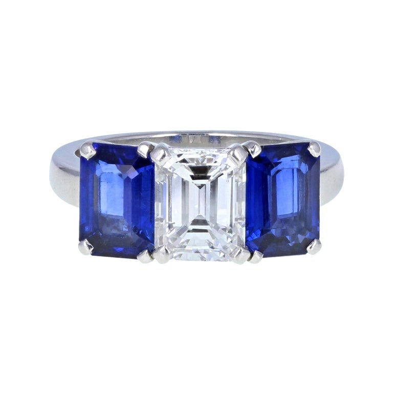 Platinum Blue Sapphire Diamond Three-Stone Trilogy Engagement Ring For ...
