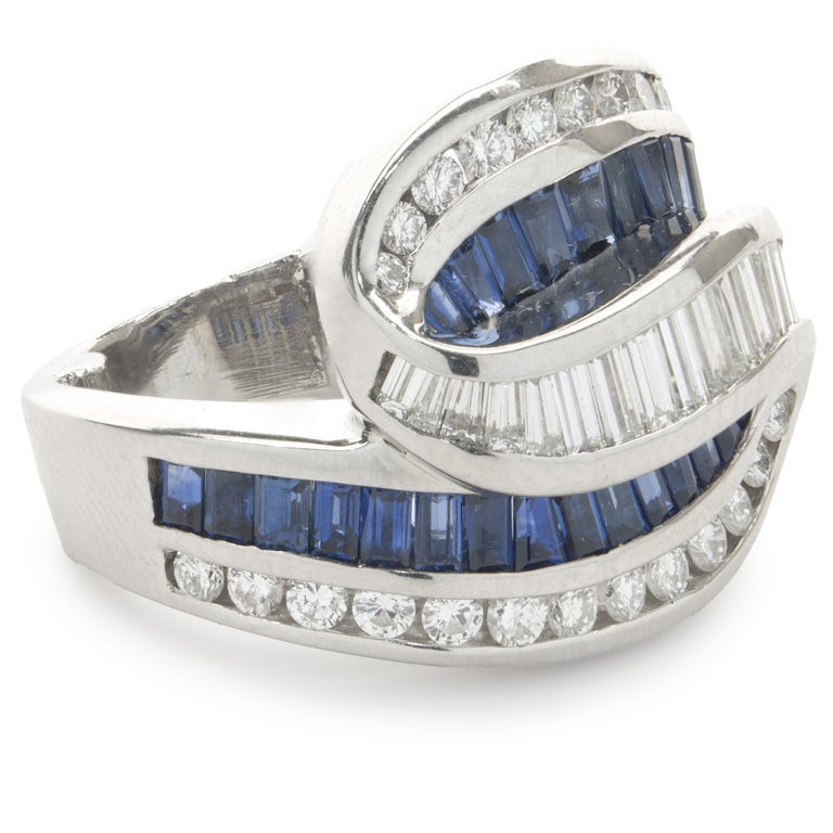 Platinum Channel Set Diamond and Sapphire Wave Ring For Sale at 1stDibs