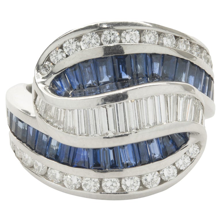 Platinum Channel Set Diamond and Sapphire Wave Ring For Sale at 1stDibs