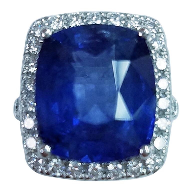 Platinum Cushion Cut Blue Sapphire and Diamond Ring For Sale at 1stDibs