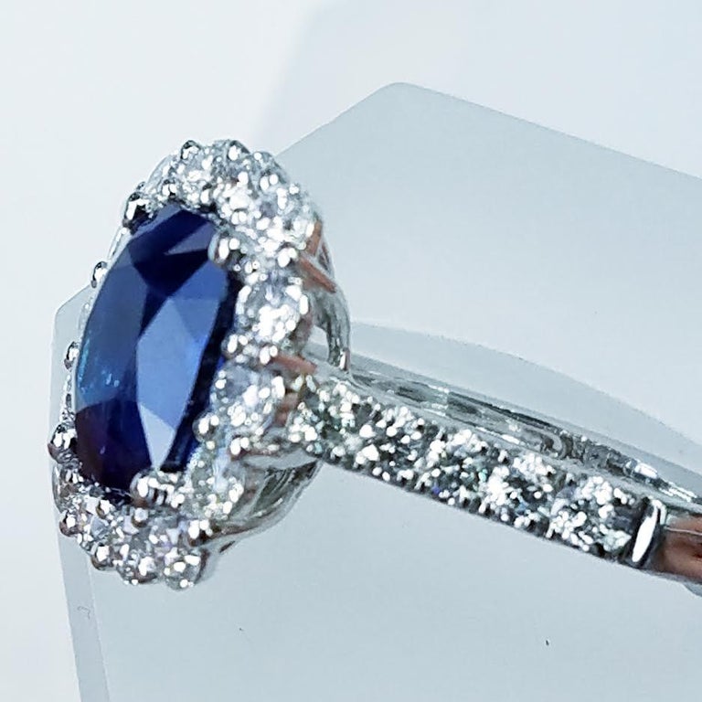 Platinum Cushion Cut Blue Sapphire and Diamond Ring For Sale at 1stDibs