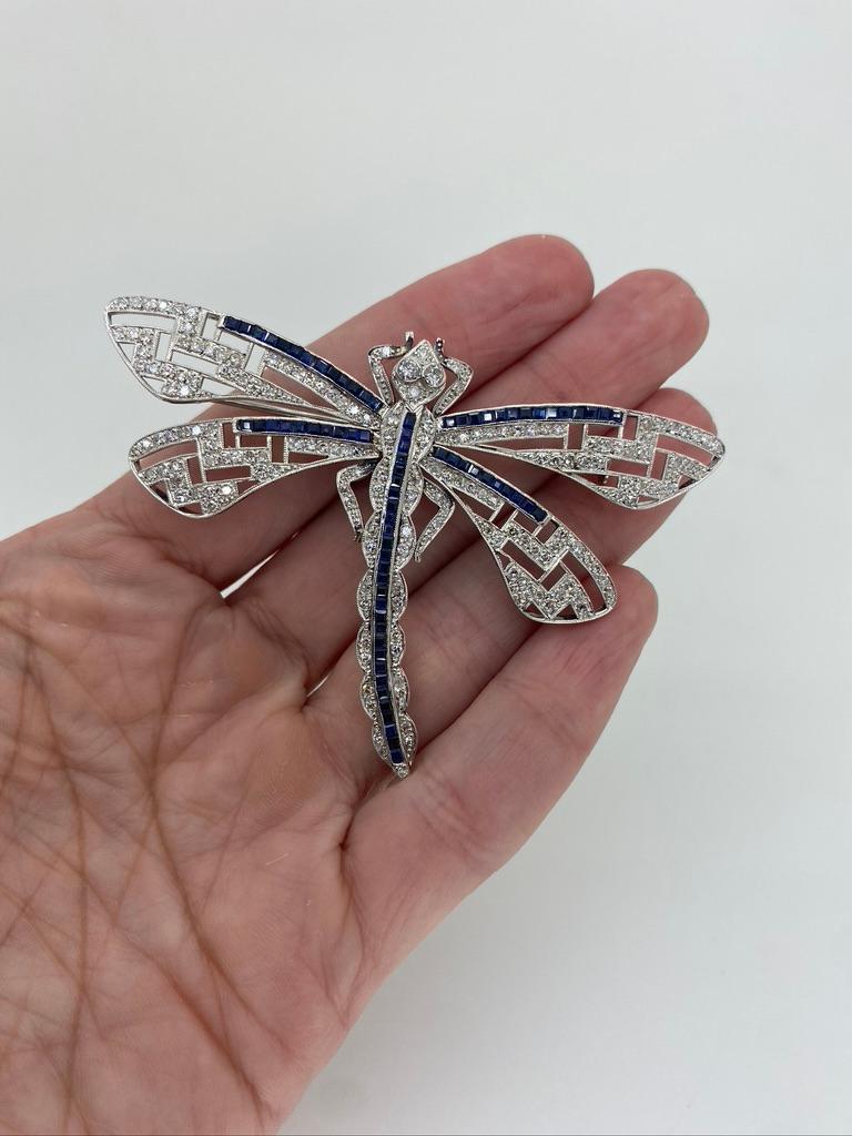 Platinum Diamond and Blue Sapphire Dragon Fly Brooch For Sale at 1stDibs