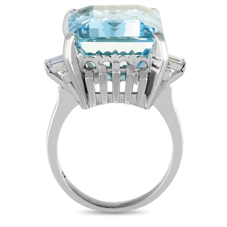 Platinum Diamond and Large Rectangle Aquamarine Ring at 1stDibs