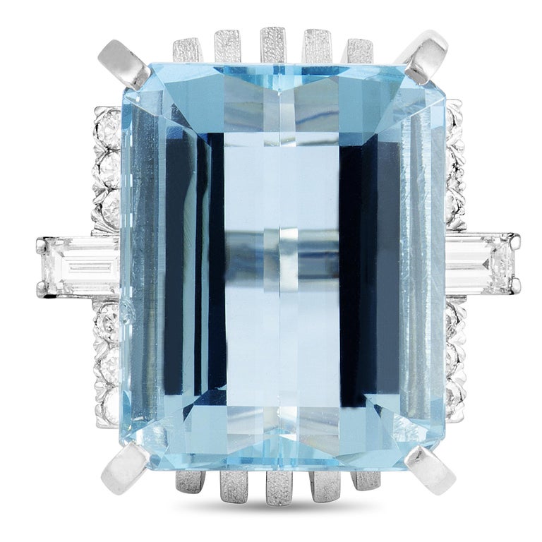 Platinum Diamond and Large Rectangle Aquamarine Ring at 1stDibs