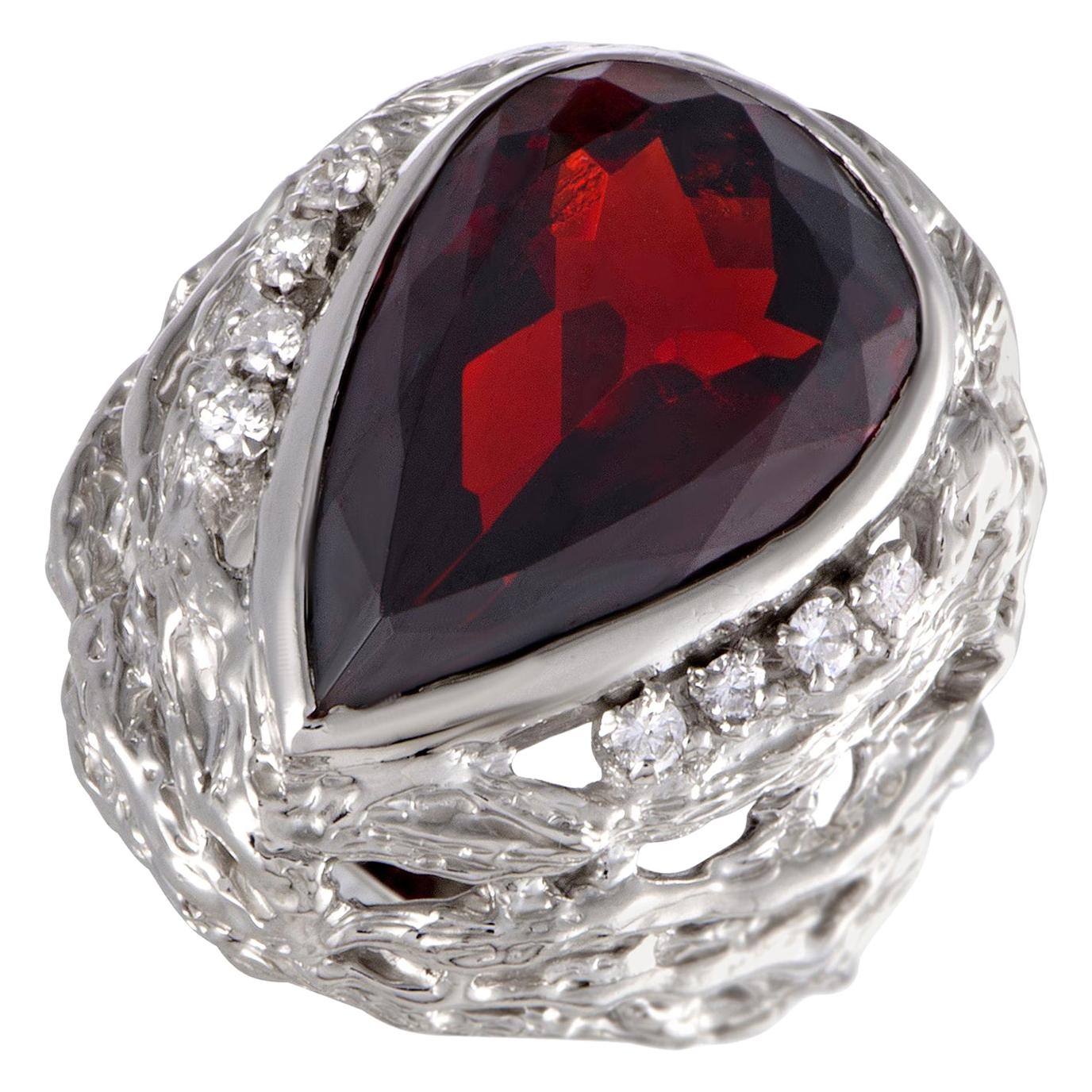 Platinum Diamond and Pear Shaped Garnet Cocktail Ring For Sale at 1stDibs