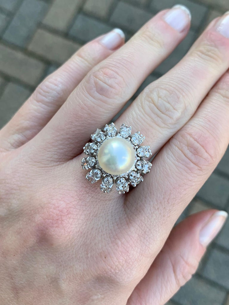 Platinum Diamond and Pearl Cocktail Ring For Sale at 1stDibs