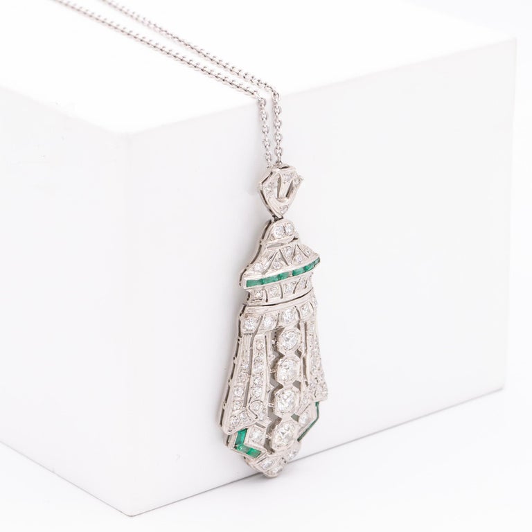 Platinum Diamond and Emerald Shield Shaped Pendant For Sale at 1stDibs
