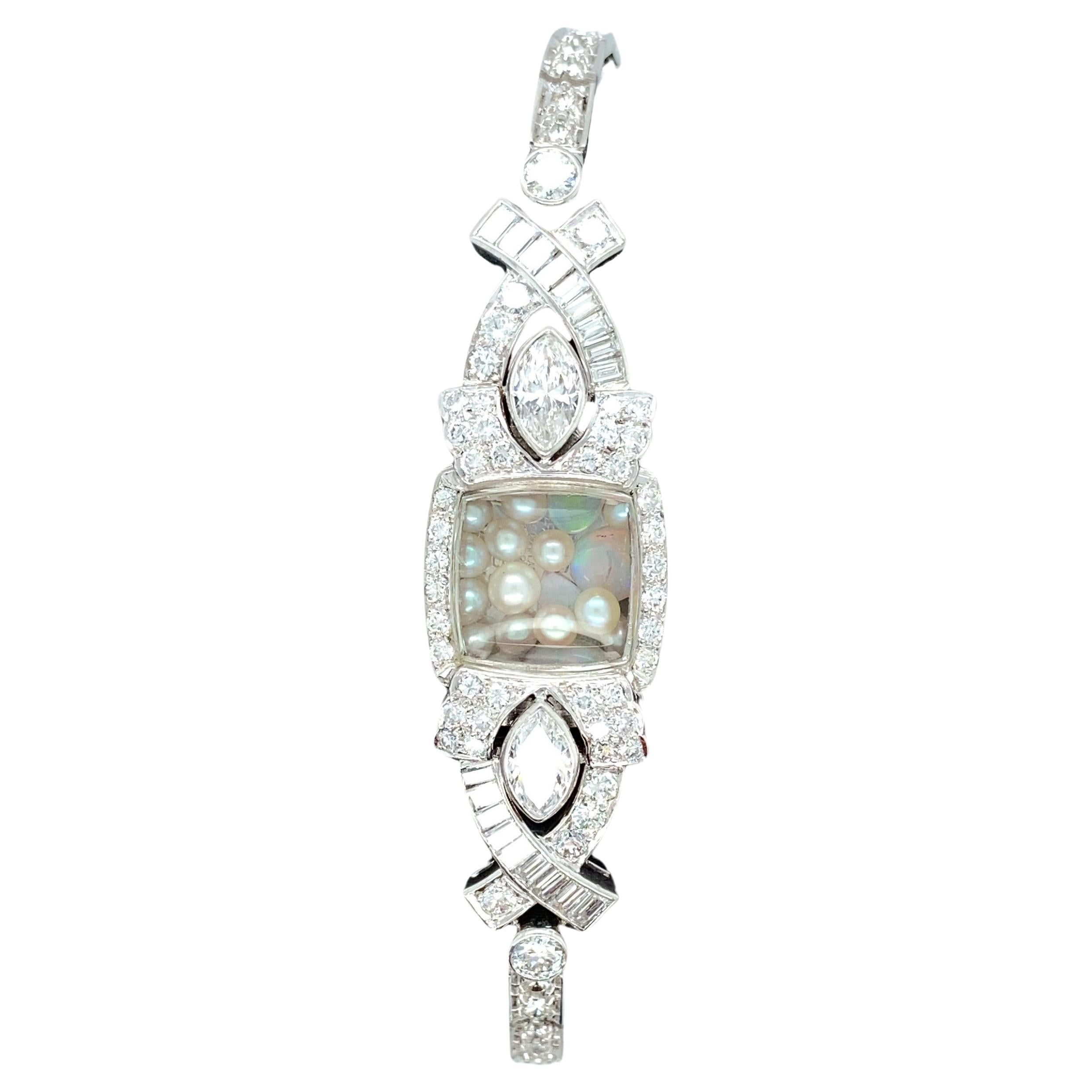 Platinum Diamond, Opal, and Pearl Shake Bracelet Reimagined 1950s Watch ...