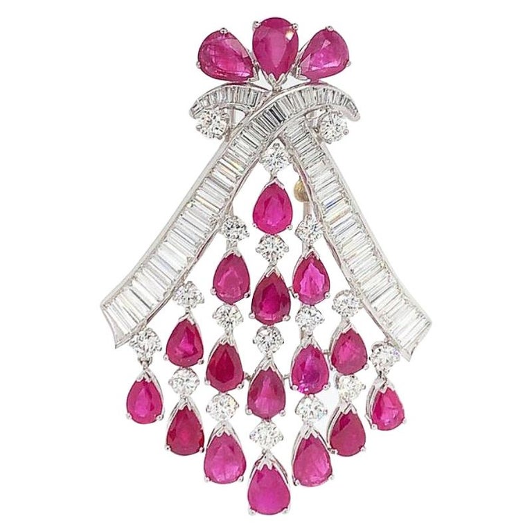 Platinum Diamond Ruby Brooch For Sale at 1stDibs