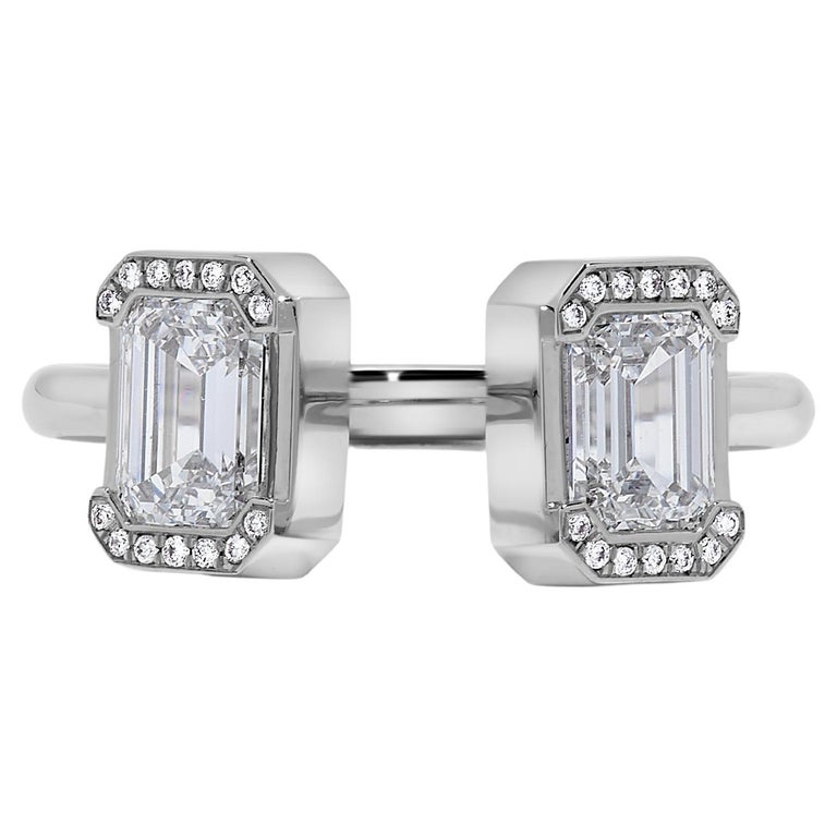 Platinum Emerald Cut Two Stone Diamond Ring For Sale at 1stDibs