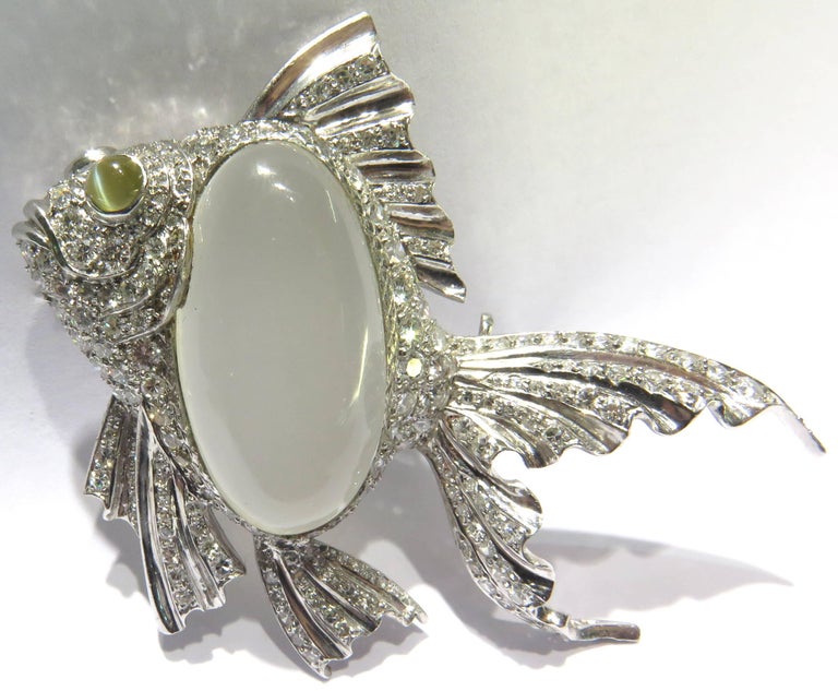 Platinum Fish Pin Accented with Diamonds Moonstone and Chrysoberyl Cats ...