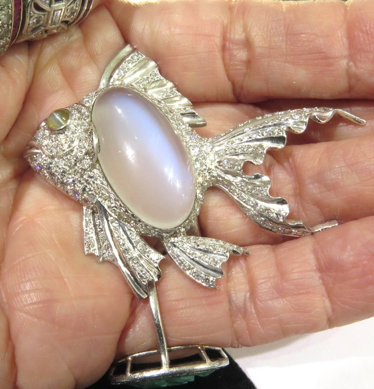 Platinum Fish Pin Accented with Diamonds Moonstone and Chrysoberyl Cats ...