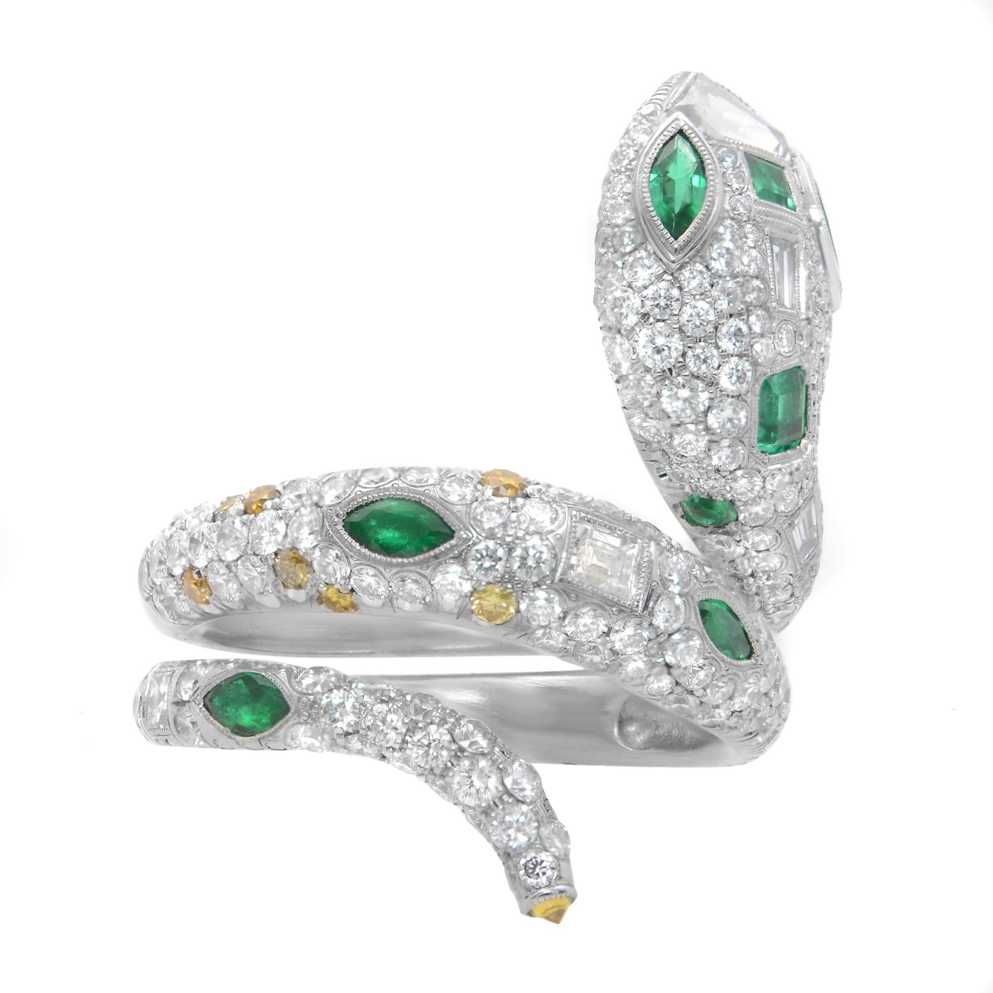 Platinum Green Emerald White and Fancy Color Diamond Snake Ring 4 ...