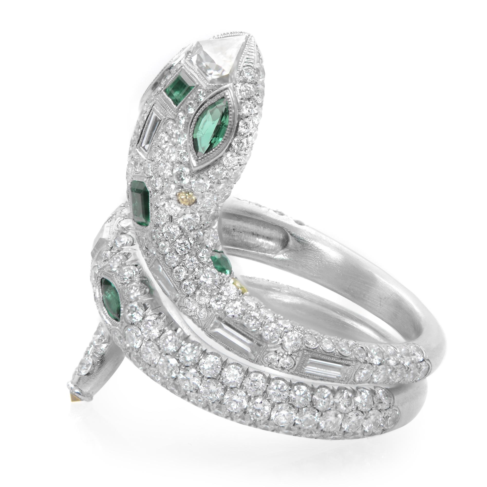 Platinum Green Emerald White and Fancy Color Diamond Snake Ring 4 ...