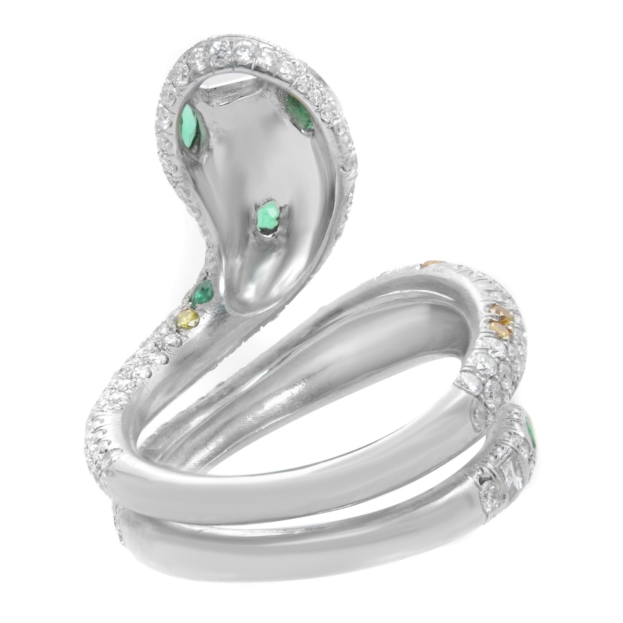 Platinum Green Emerald White and Fancy Color Diamond Snake Ring 4 ...