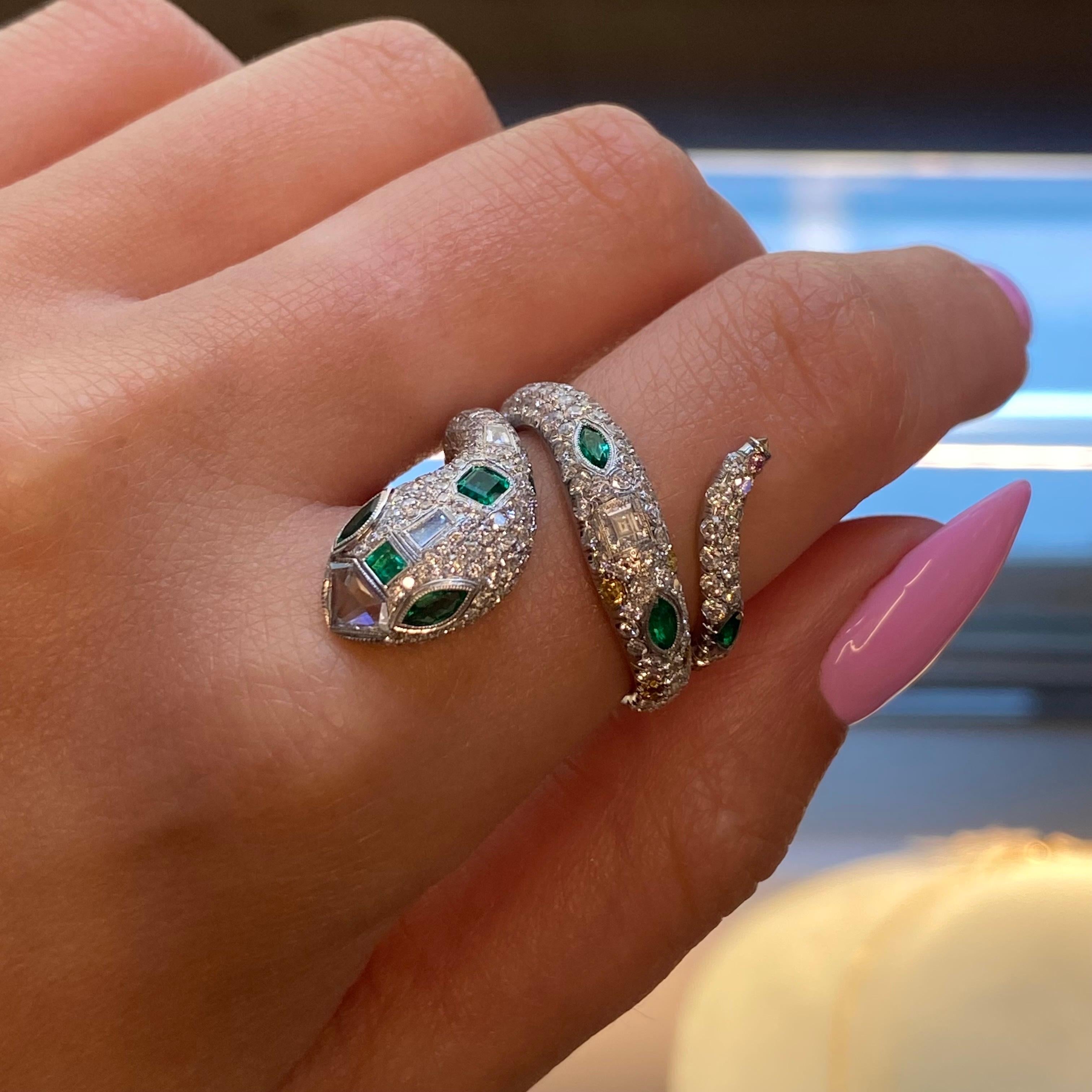Platinum Green Emerald White and Fancy Color Diamond Snake Ring 4 ...