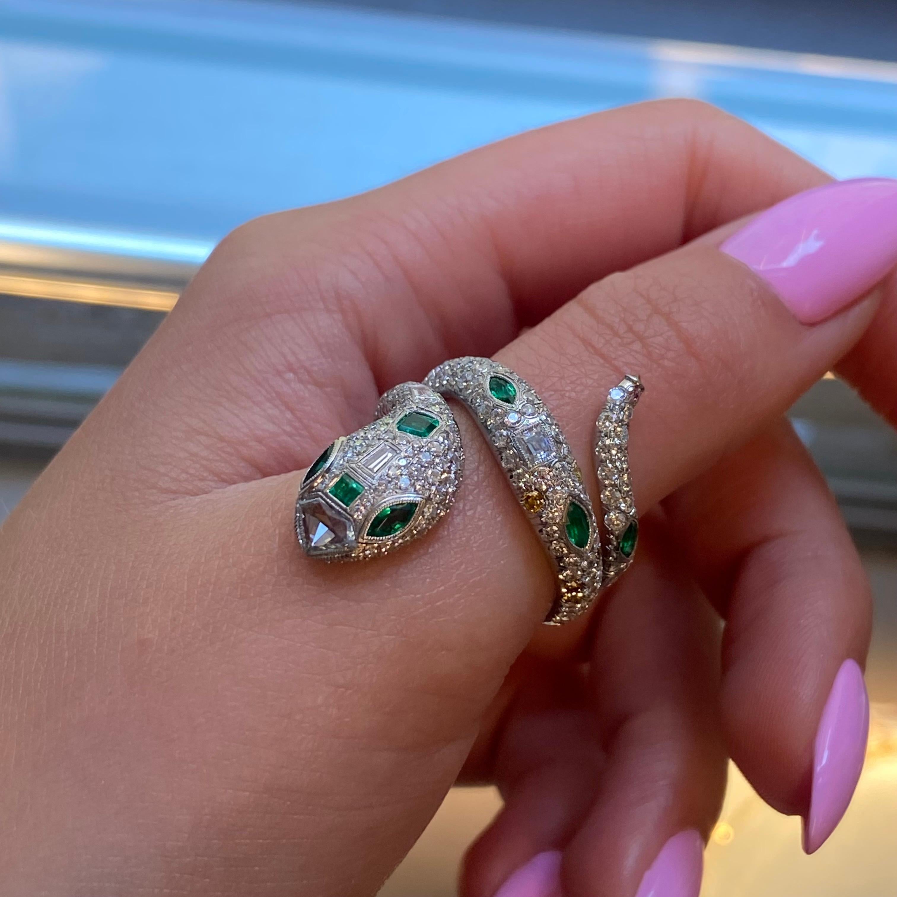 Platinum Green Emerald White and Fancy Color Diamond Snake Ring 4 ...