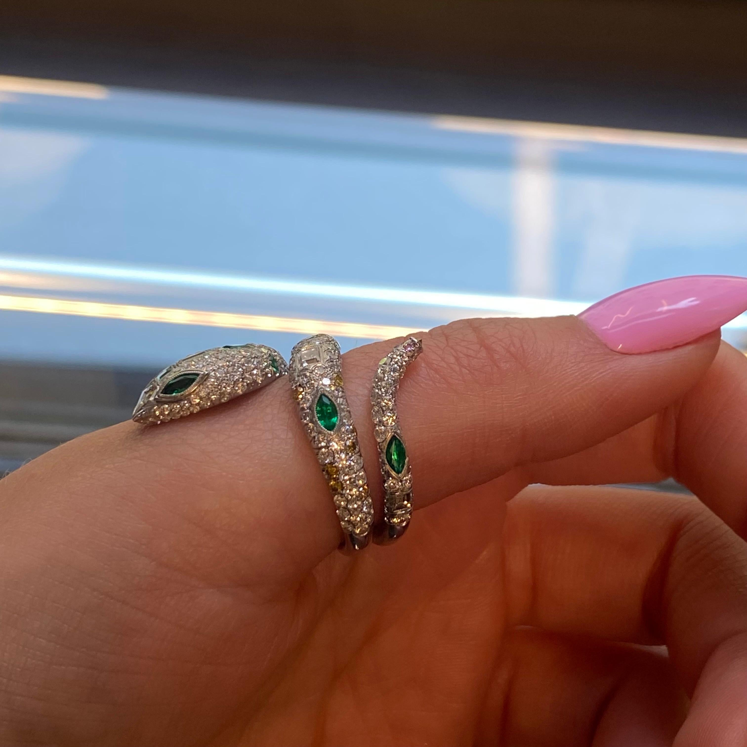 Platinum Green Emerald White and Fancy Color Diamond Snake Ring 4 ...